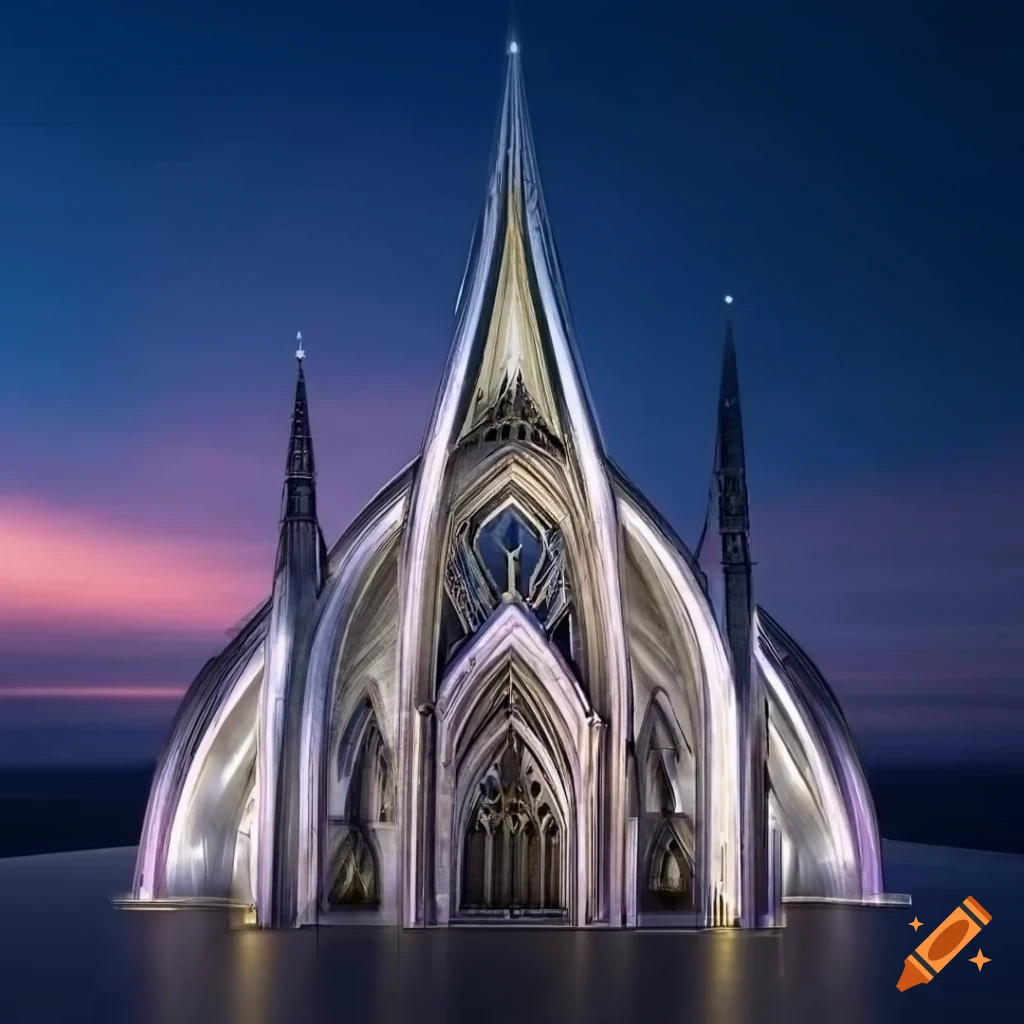 Detailed image of a gothic futuristic church at night on Craiyon