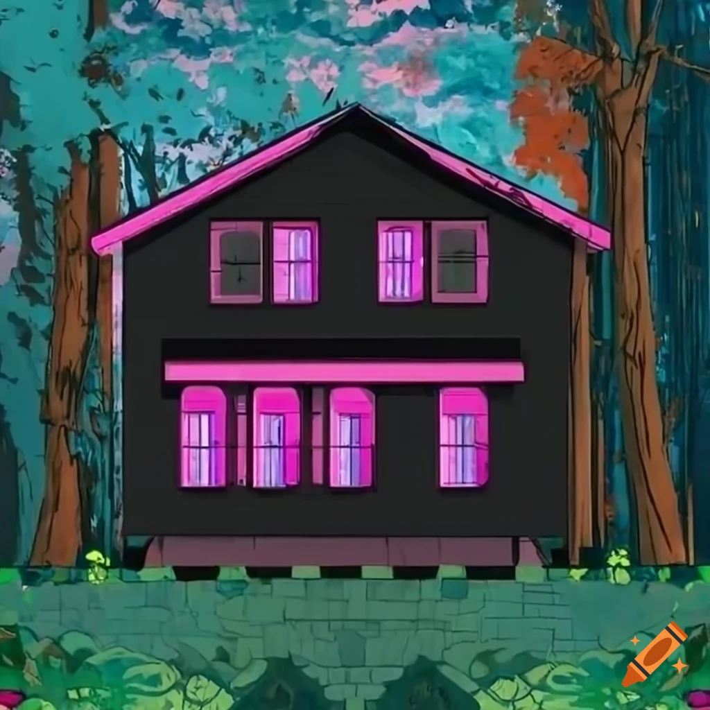 Black house with pink windows in a forest