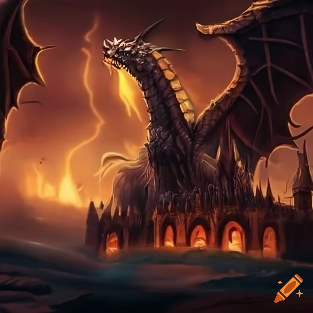 High definition image of a fiery dragon on a haunted castle on Craiyon