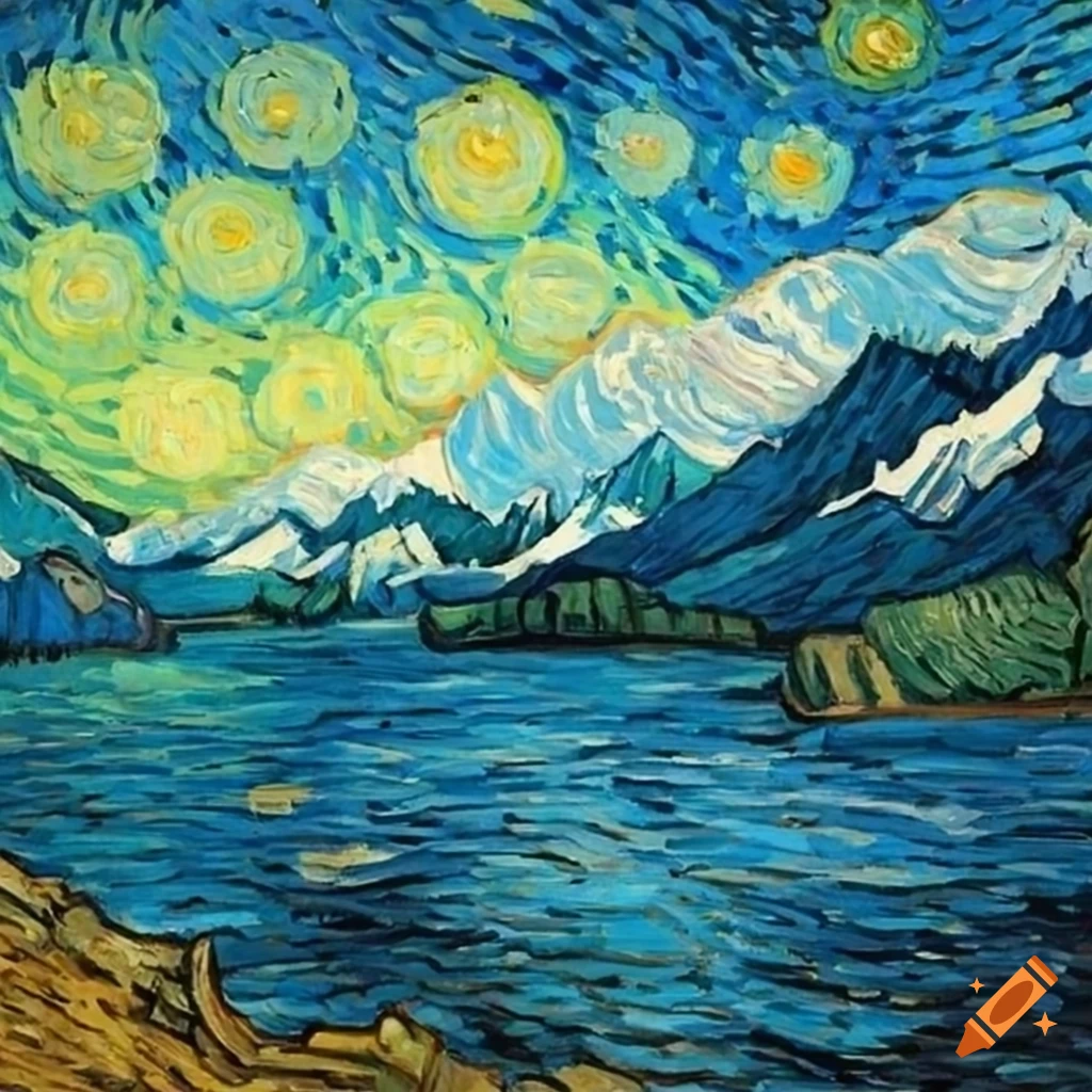 Van Gogh's painting of mountains and water on Craiyon