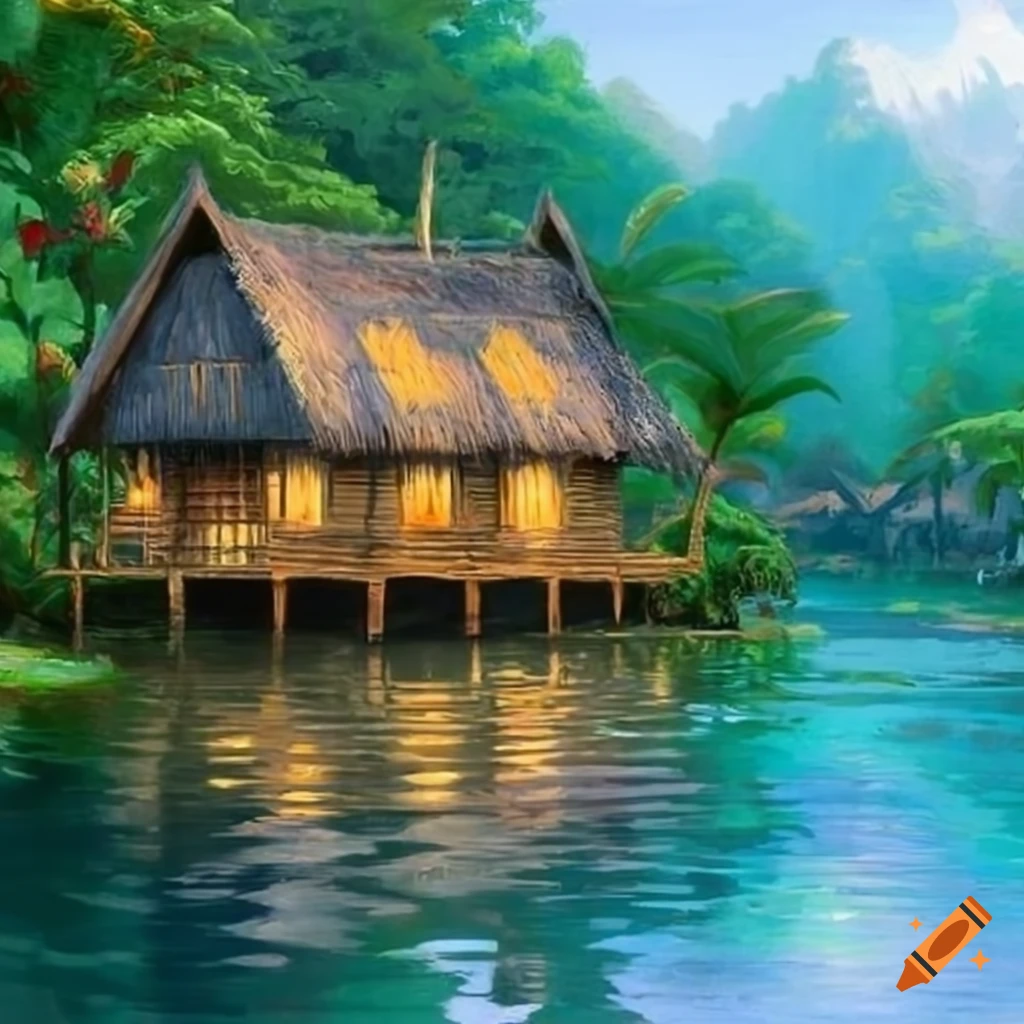 Painting of nipa huts near a river in tropical surroundings on Craiyon