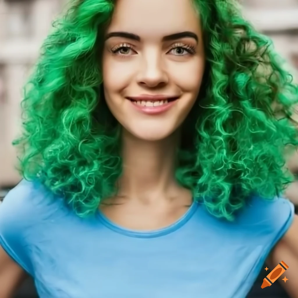 Portrait of a young woman with green curly hair
