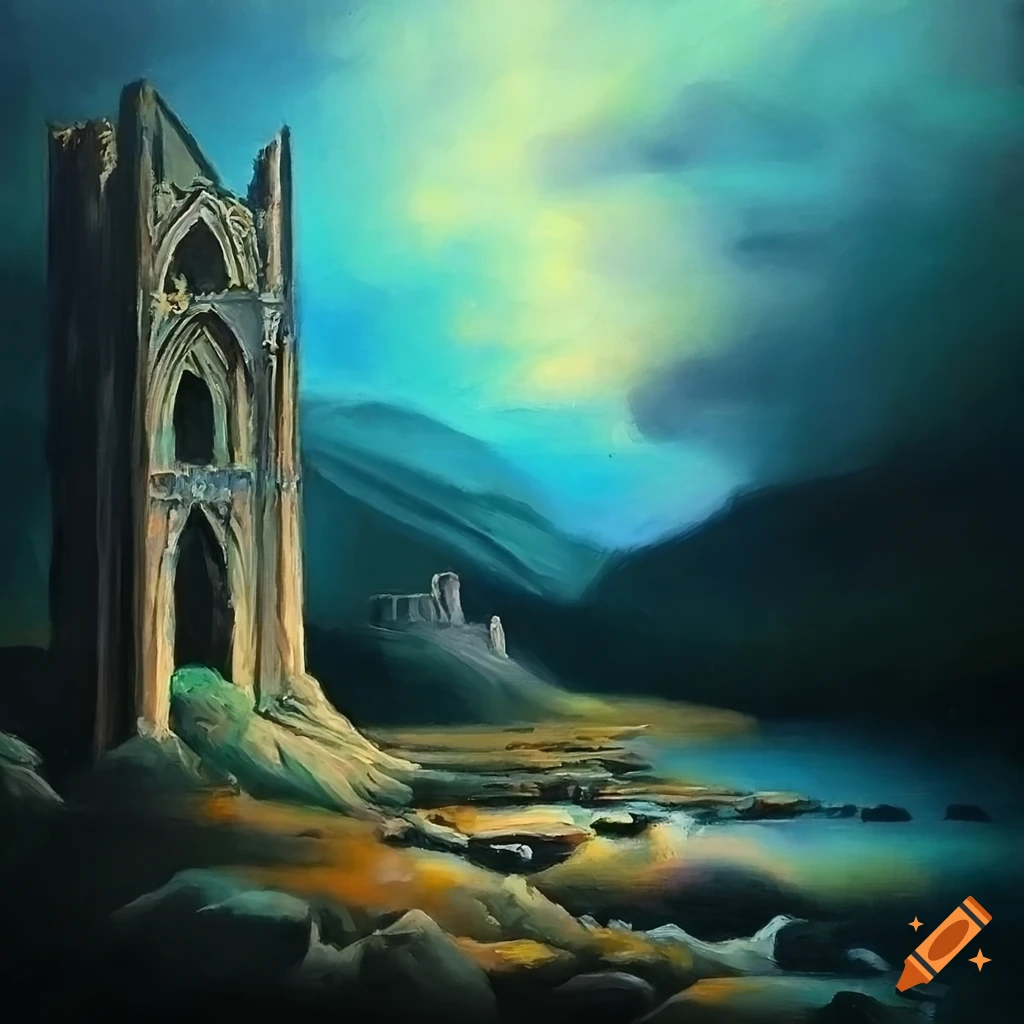 Detailed oil painting of a dark epic mountain landscape on Craiyon