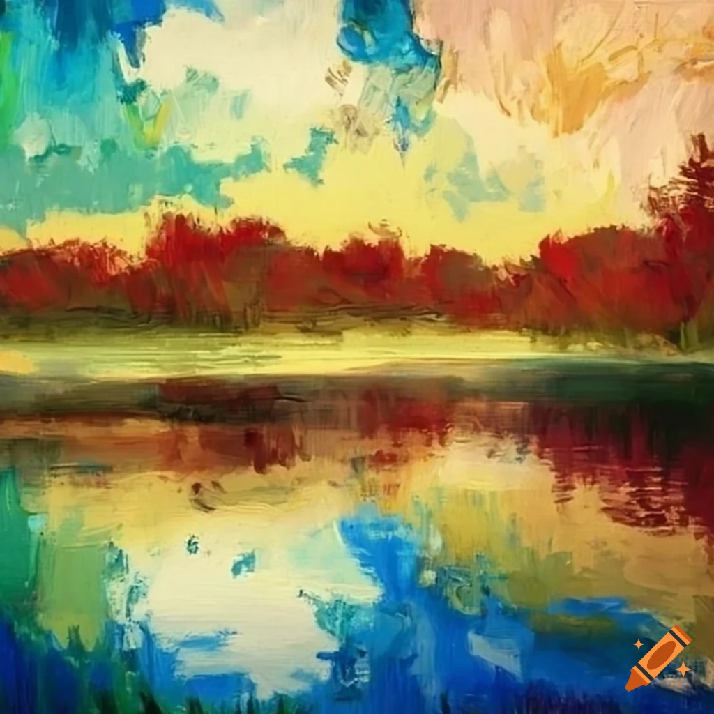 Impressionist painting of a river shore with boats and forest ...