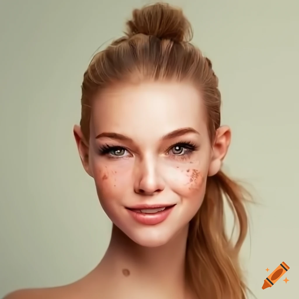 Portrait of a beautiful young woman with freckles and dark blonde ...