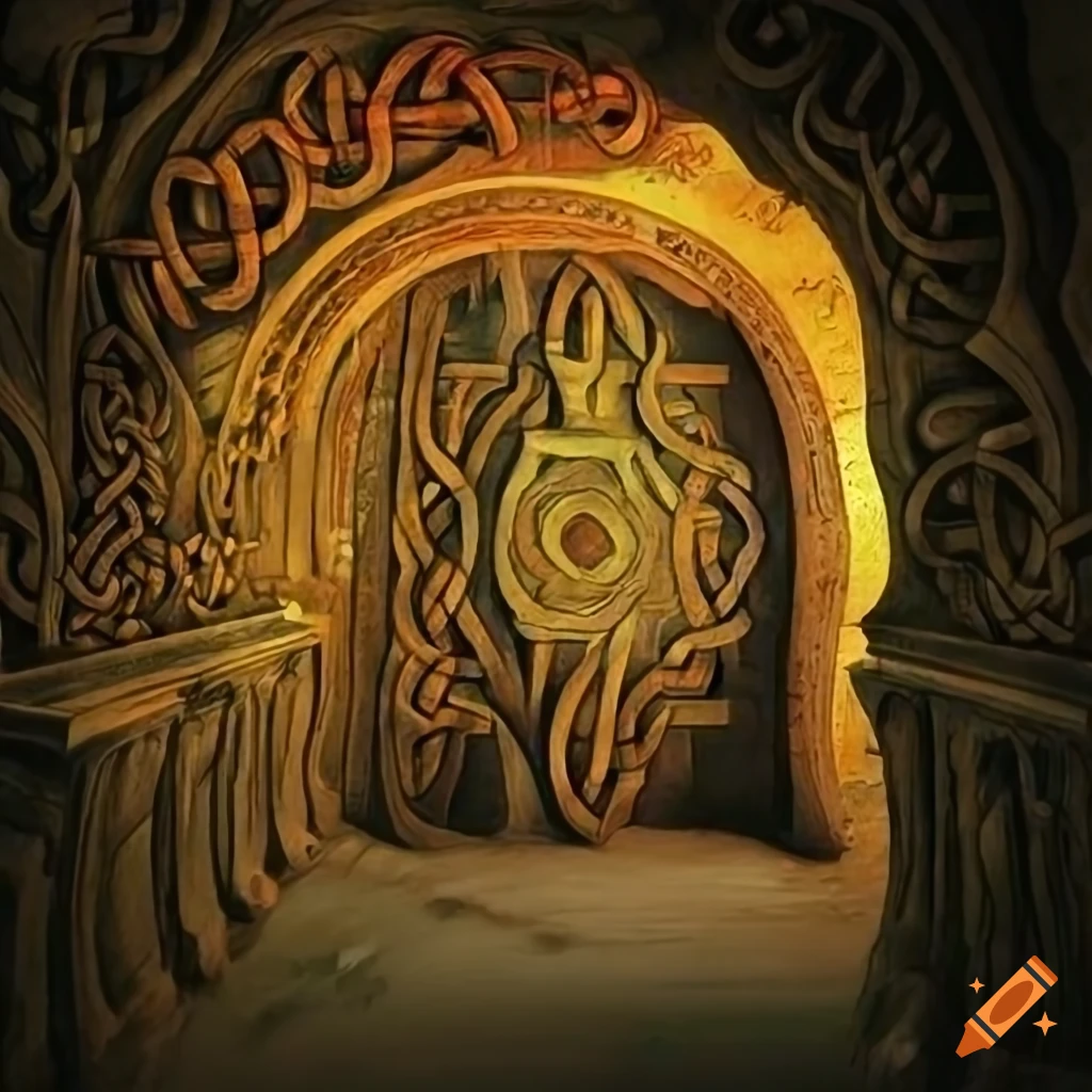 Baroque artwork of a dimly lit underground cavern with intricately ...