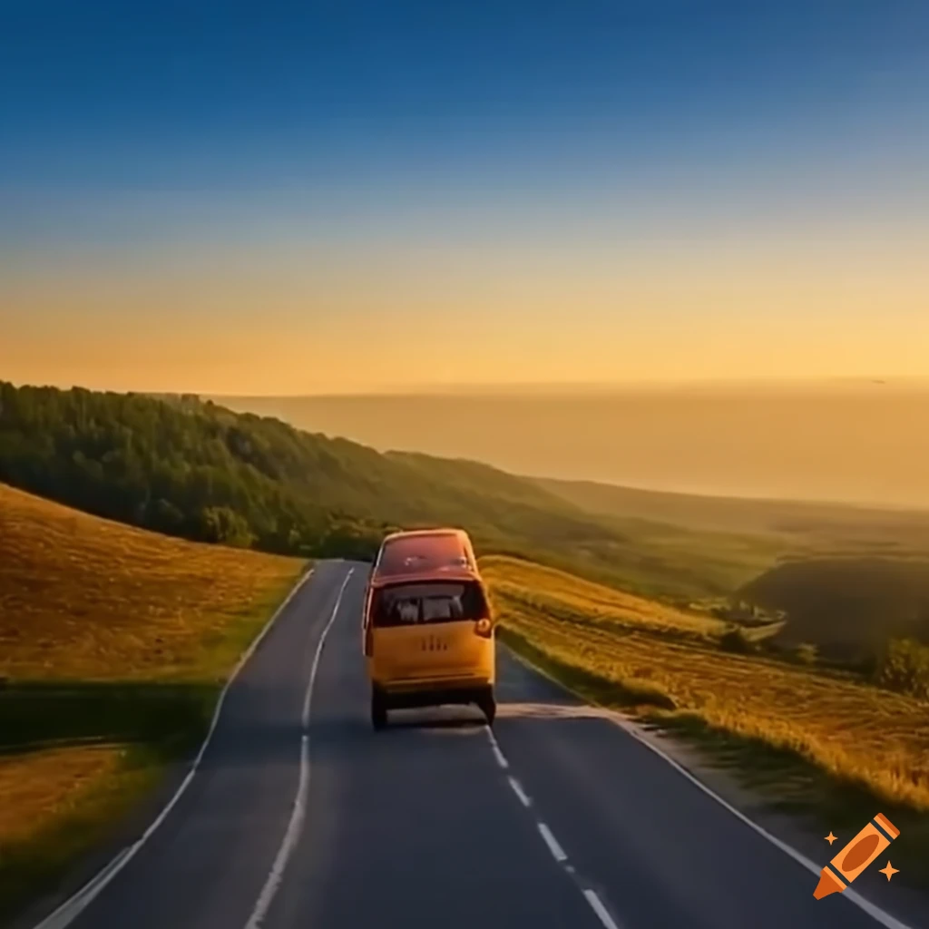 Camper van driving through a scenic french landscape on Craiyon