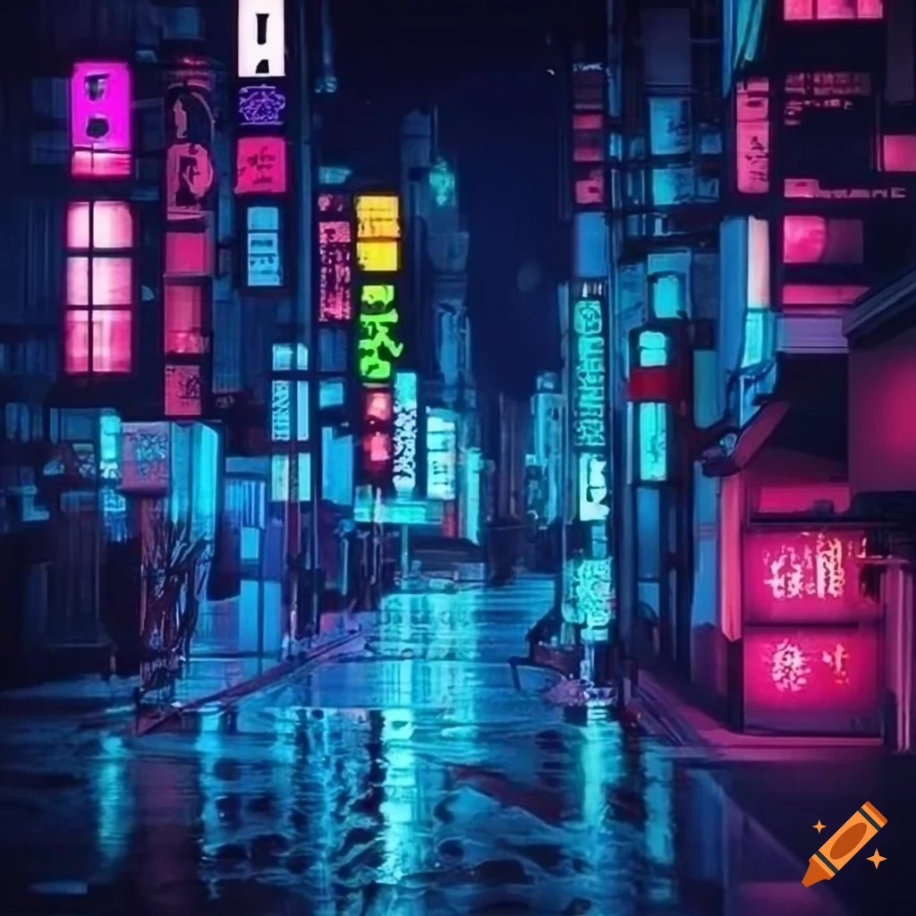 City view from a bedroom window with neon lights in japanese style on ...