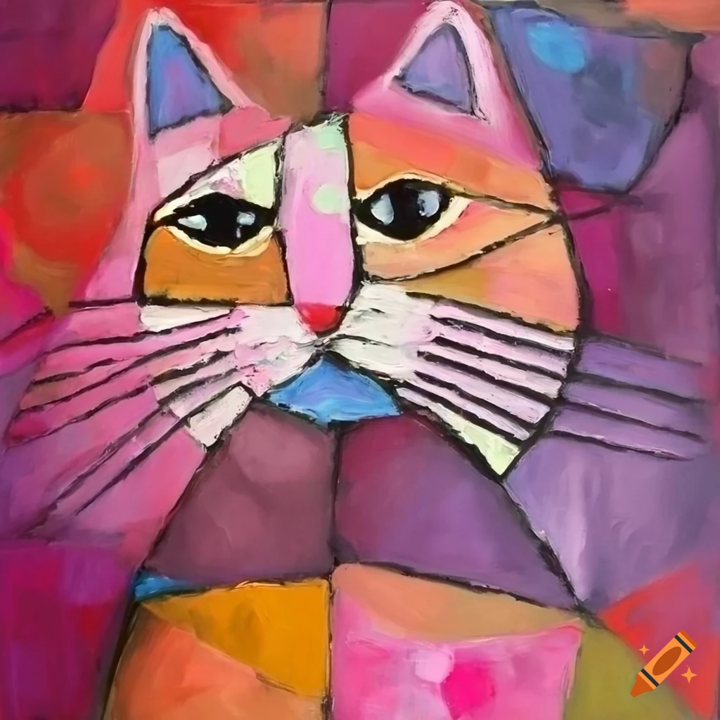 Abstract pink cat oil painting in the style of paul klee on Craiyon