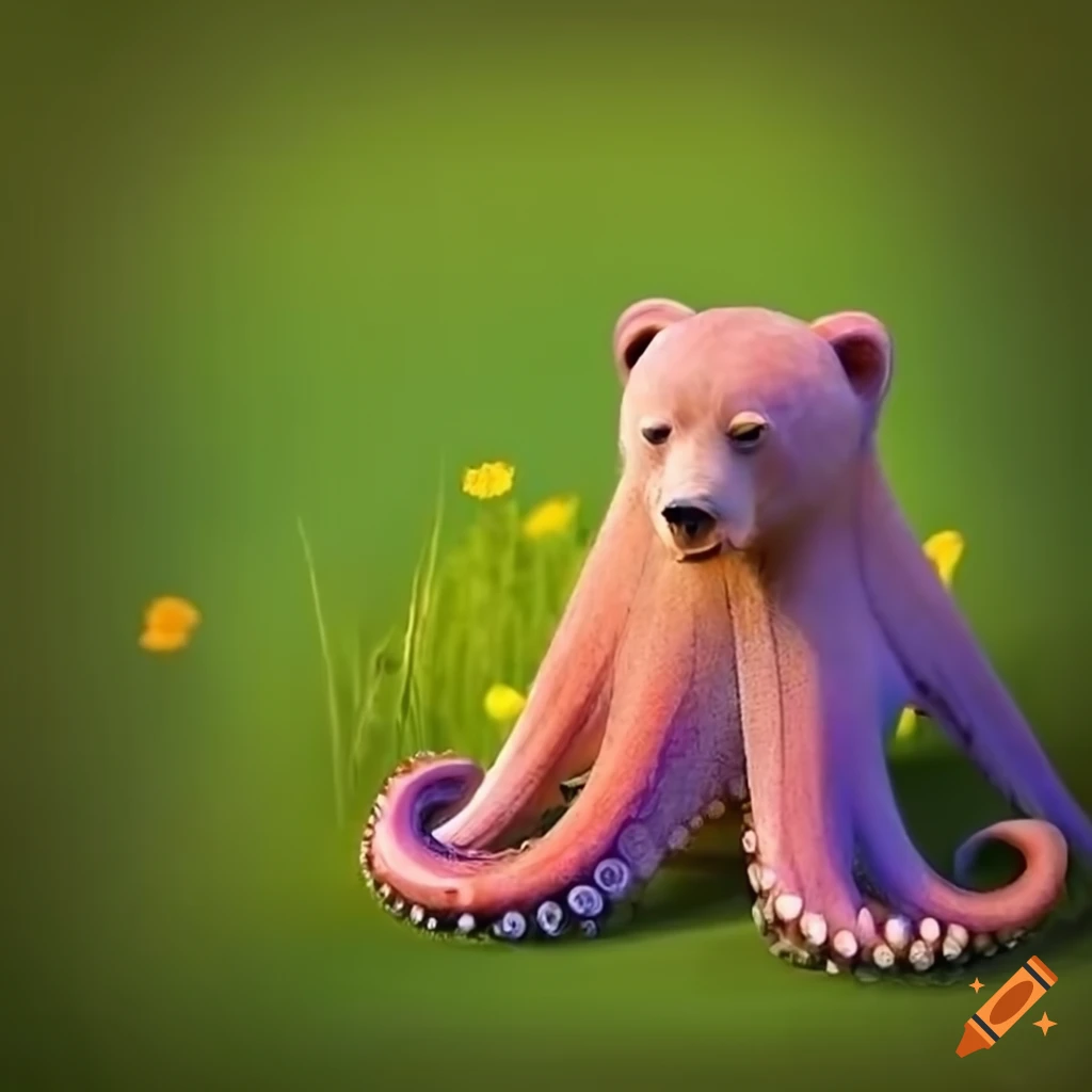Illustration of an octopus-bear in a grassy field