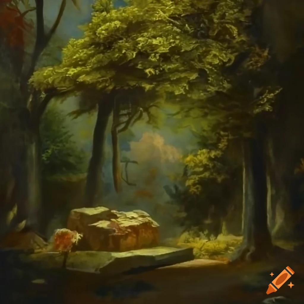 Baroque painting of a gravestone in the woods on Craiyon