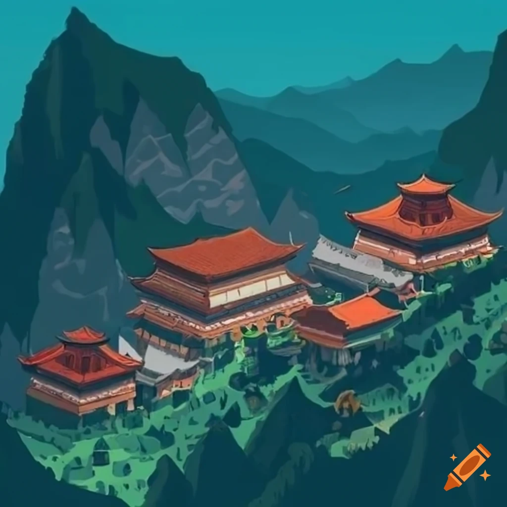 Isometric view of a scenic Chinese village in the mountains on Craiyon