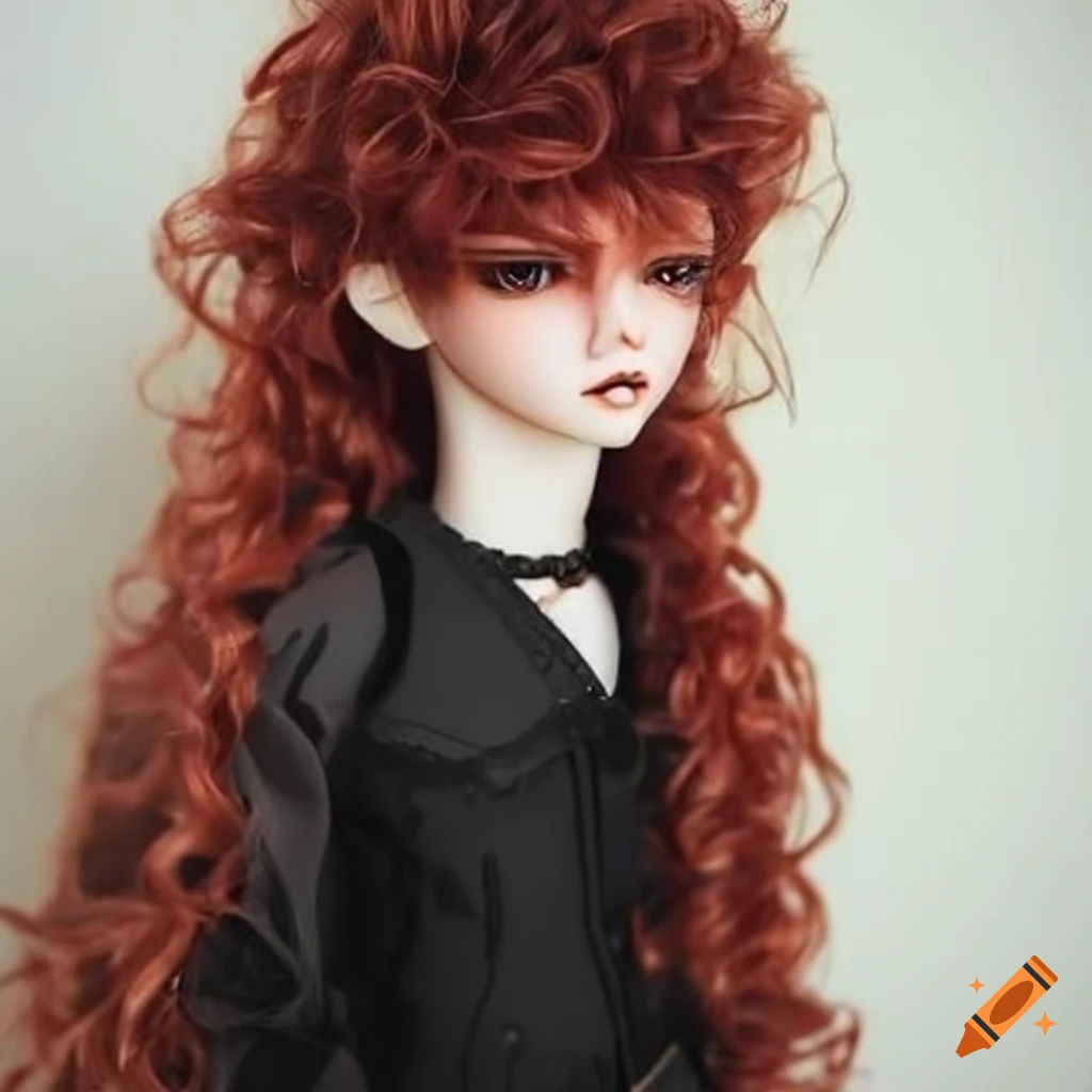 Elegant gothic bjd boy with long red curly hair on Craiyon
