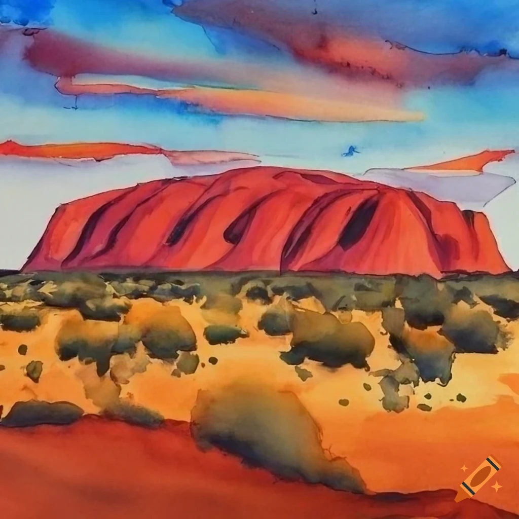 Watercolor painting of Uluru in Albert Namatjira style on Craiyon