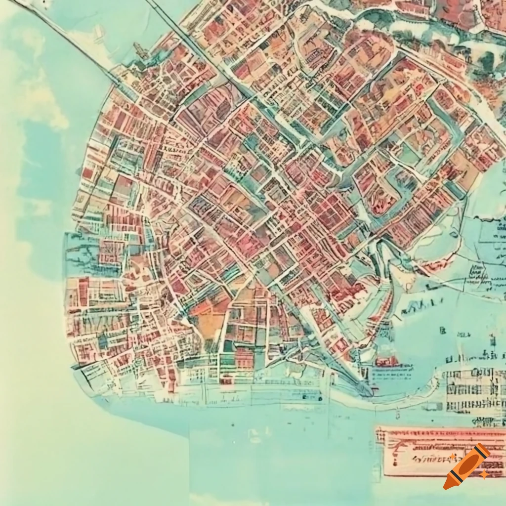 Vintage bird's eye view map of 1950s Boston North End on Craiyon