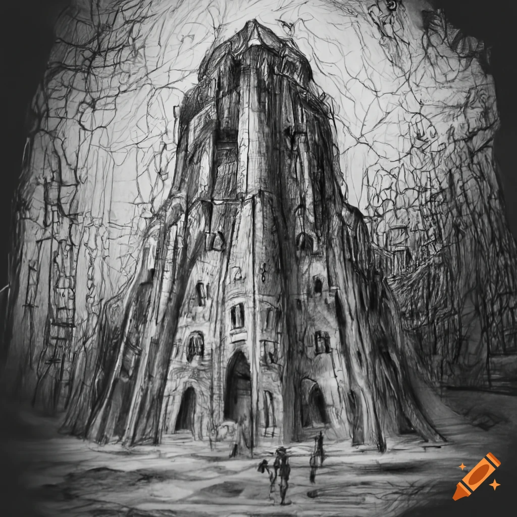 Hyper-realistic black ink drawing of a tower on Craiyon