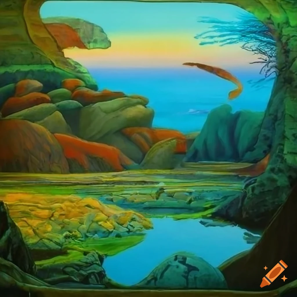Landscape in the style of roger dean on Craiyon