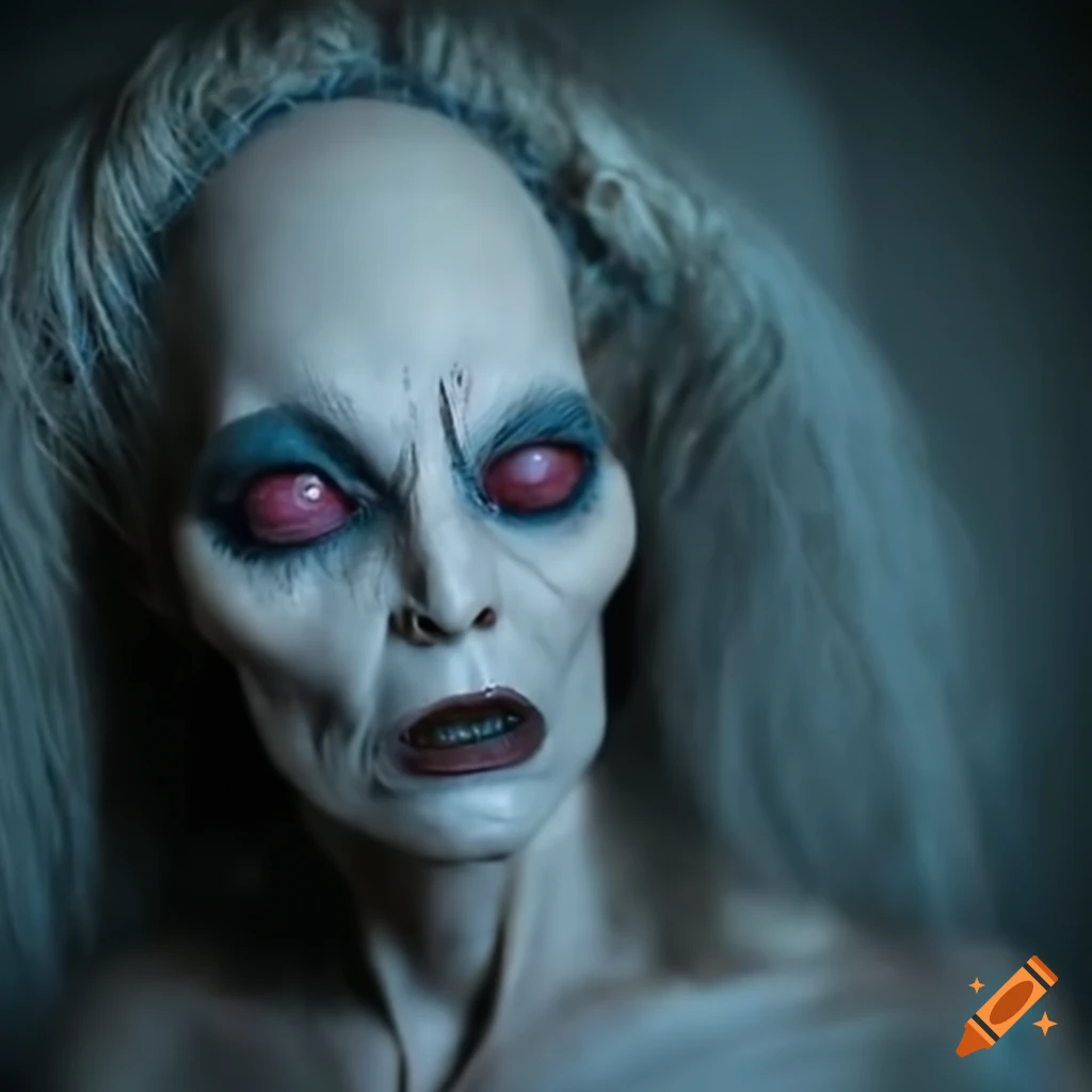 Poster of an evil female alien in 1980's dark fantasy style on Craiyon