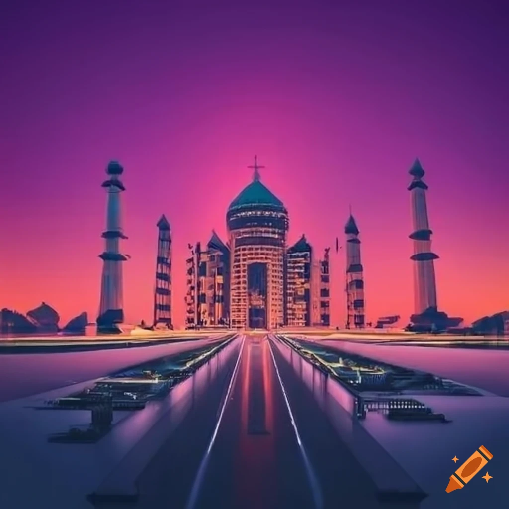 Futuristic cityscape with pink sunset in india