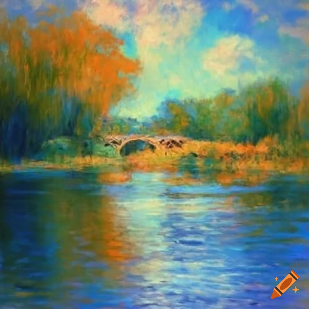 Impressionist painting of a river bridge surrounded by nature on Craiyon