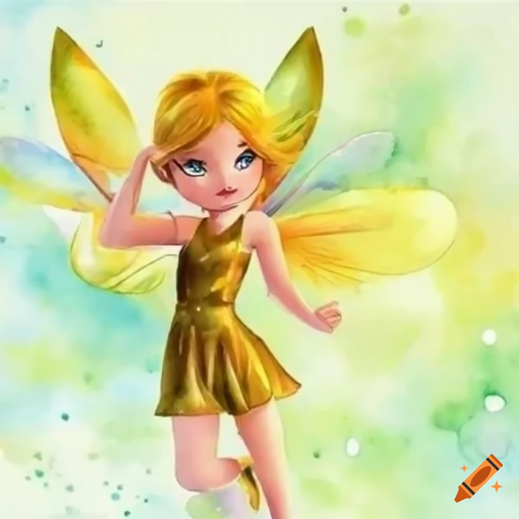 Watercolor clipart of a young pixie fairy in a golden dress