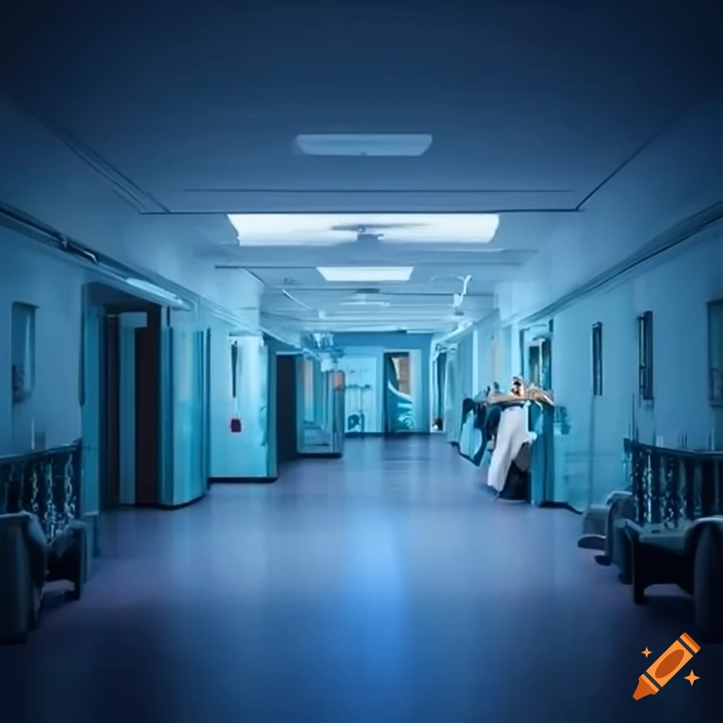 Slightly messy hospital waiting room lit by blue light on Craiyon