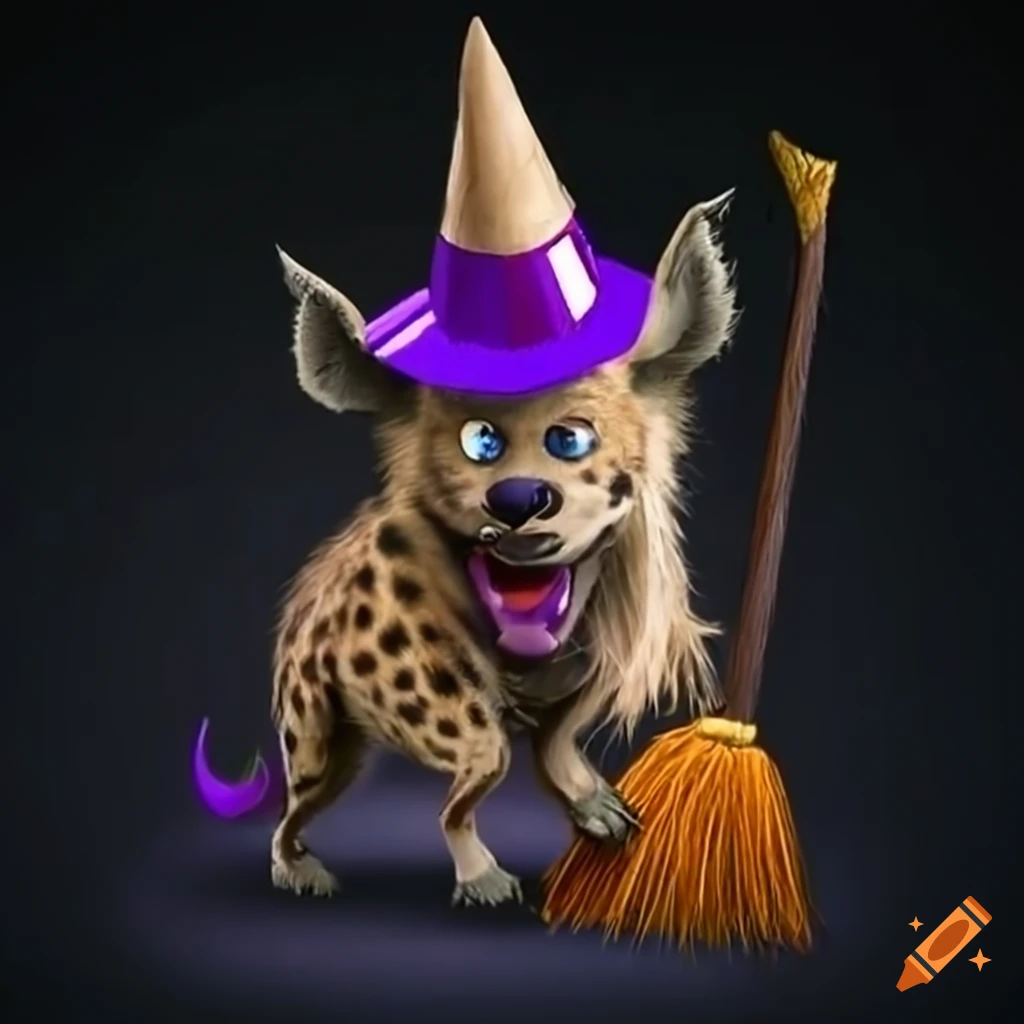 Furry hyena riding a broom with a witch hat on Craiyon