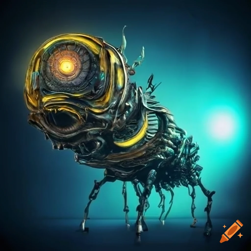 Surrealist artwork of alien machines and spaceship