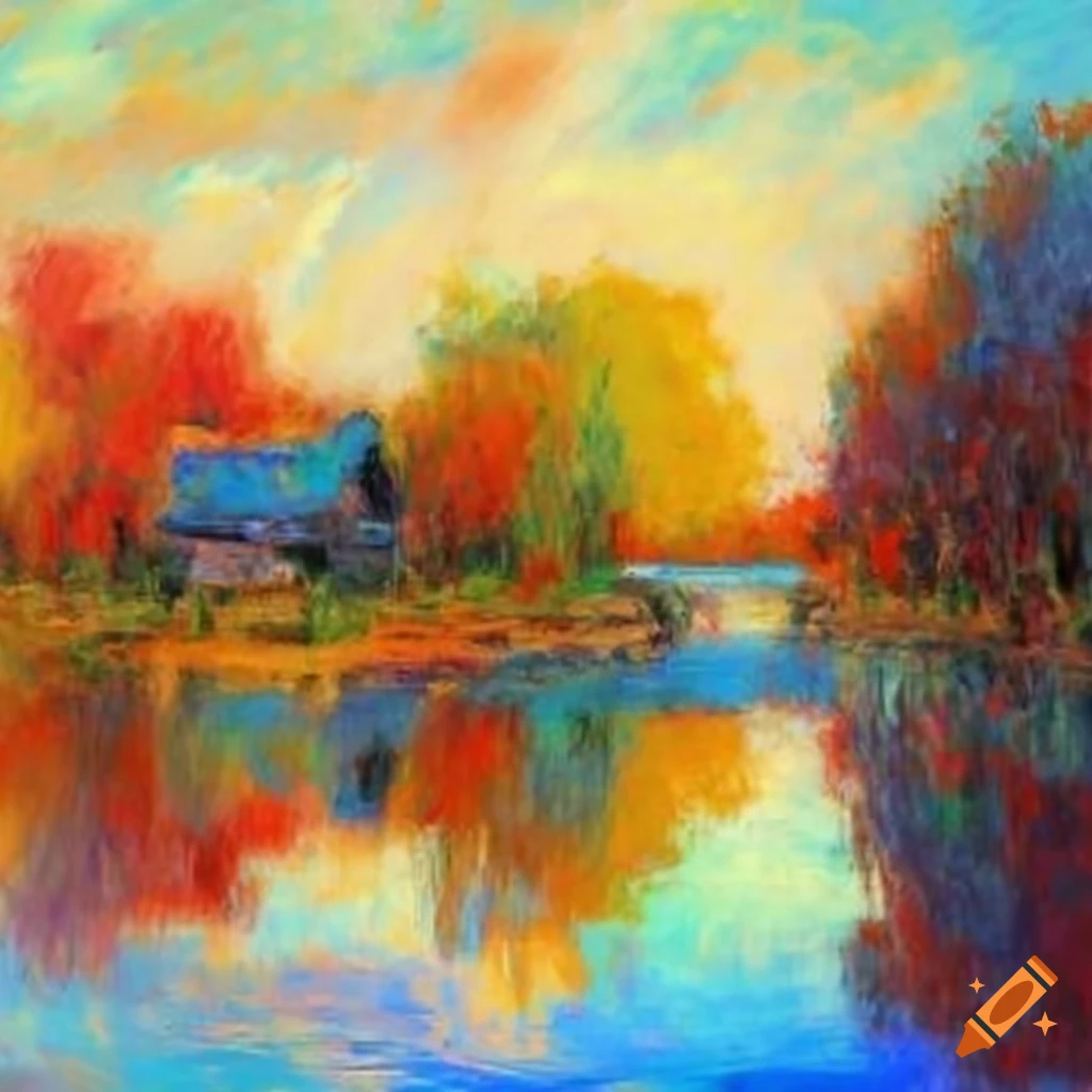 Abstract impressionist painting of a river with boats and a forest ...