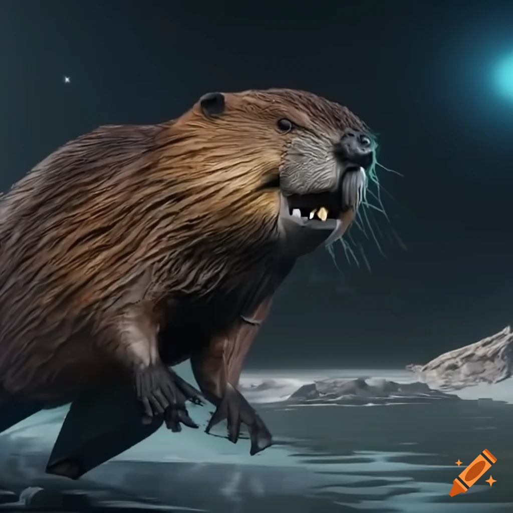 Illustration of a beaver surfing a rocket in space on Craiyon