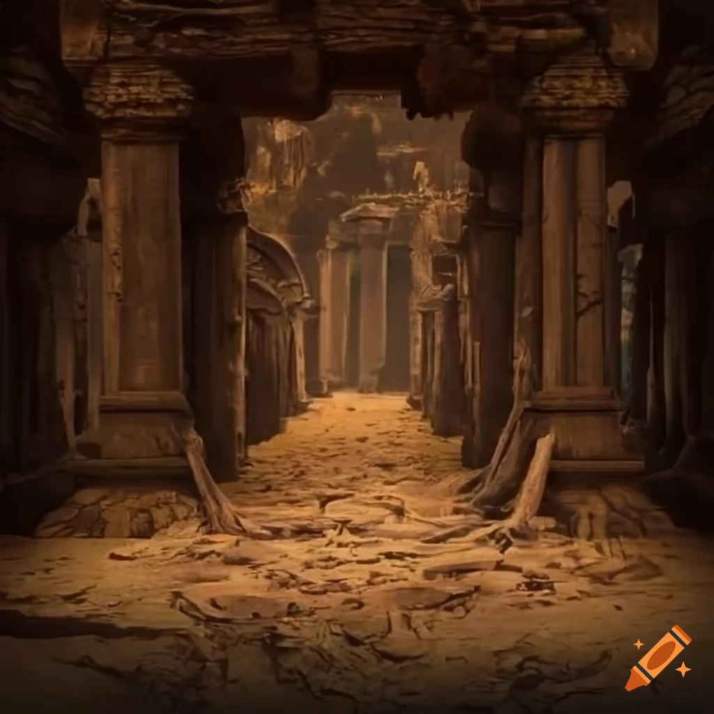 Ruins of a temple in a barren landscape on Craiyon