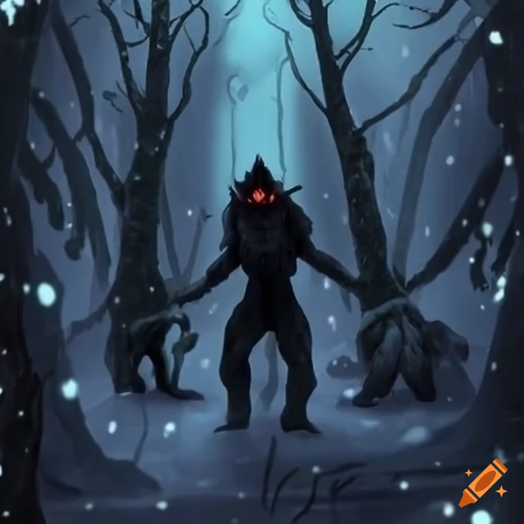 Image of a shadow beast in snowy woods on Craiyon