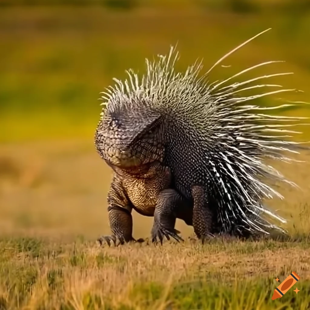 Giant lizard with porcupine quills in the plains on Craiyon