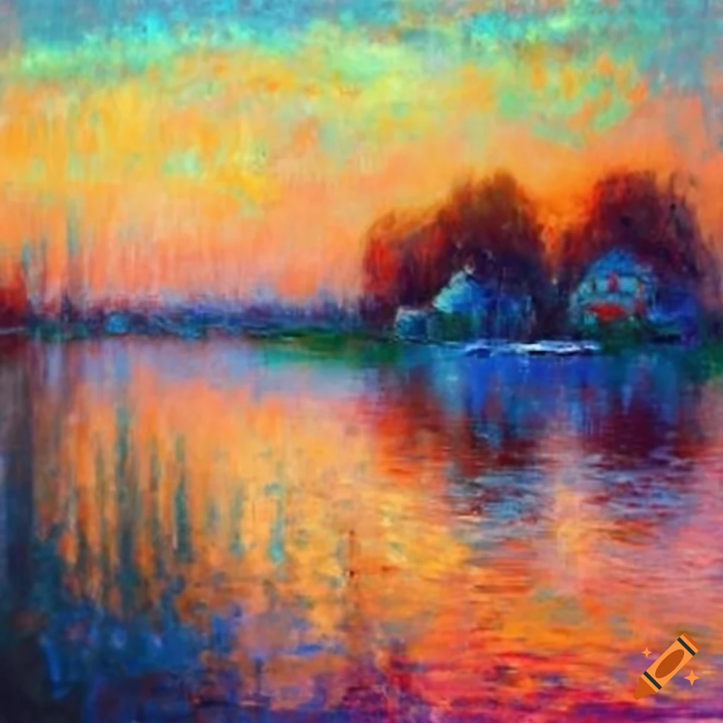 Abstract impressionist painting of a river with boats and a forest ...