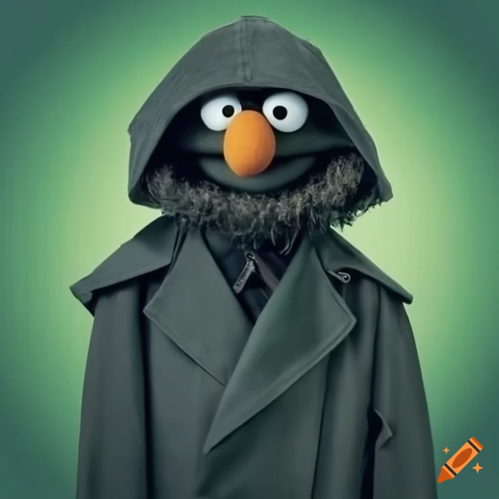 Muppet in a black trench coat against a dark green background on Craiyon