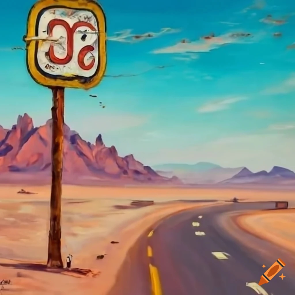 Road sign on a desert road on Craiyon