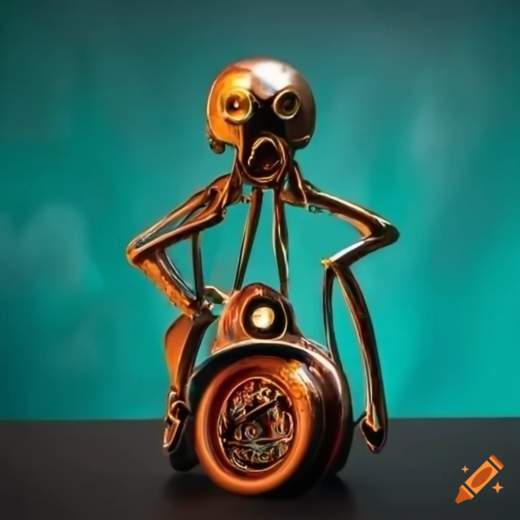 Surreal sculpture of a metal octopus riding a tomato soup motorcycle on ...