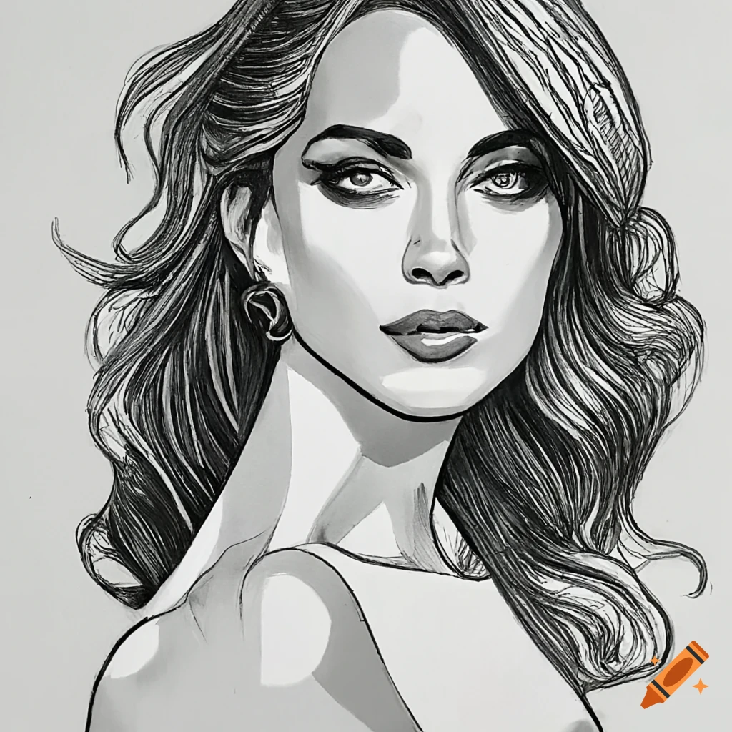 Line-art coloring book page of a detailed woman on Craiyon