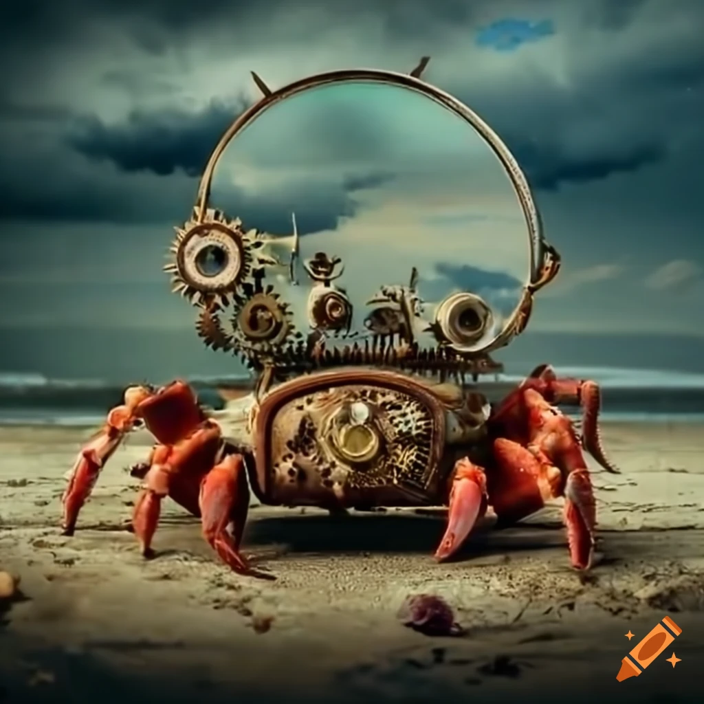 Surrealistic steampunk crab machines on the beach on Craiyon