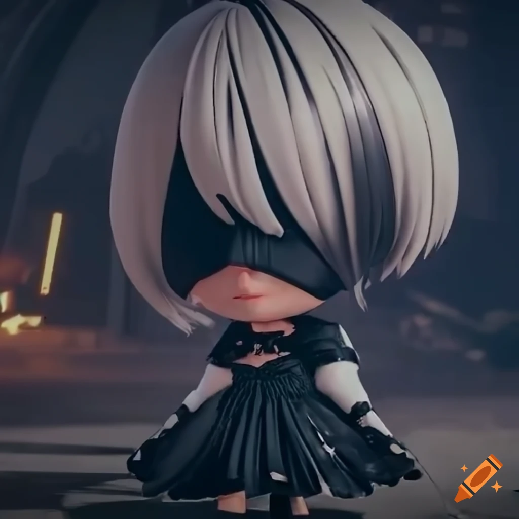 Chibi style artwork of intense action in Nier Automata on Craiyon