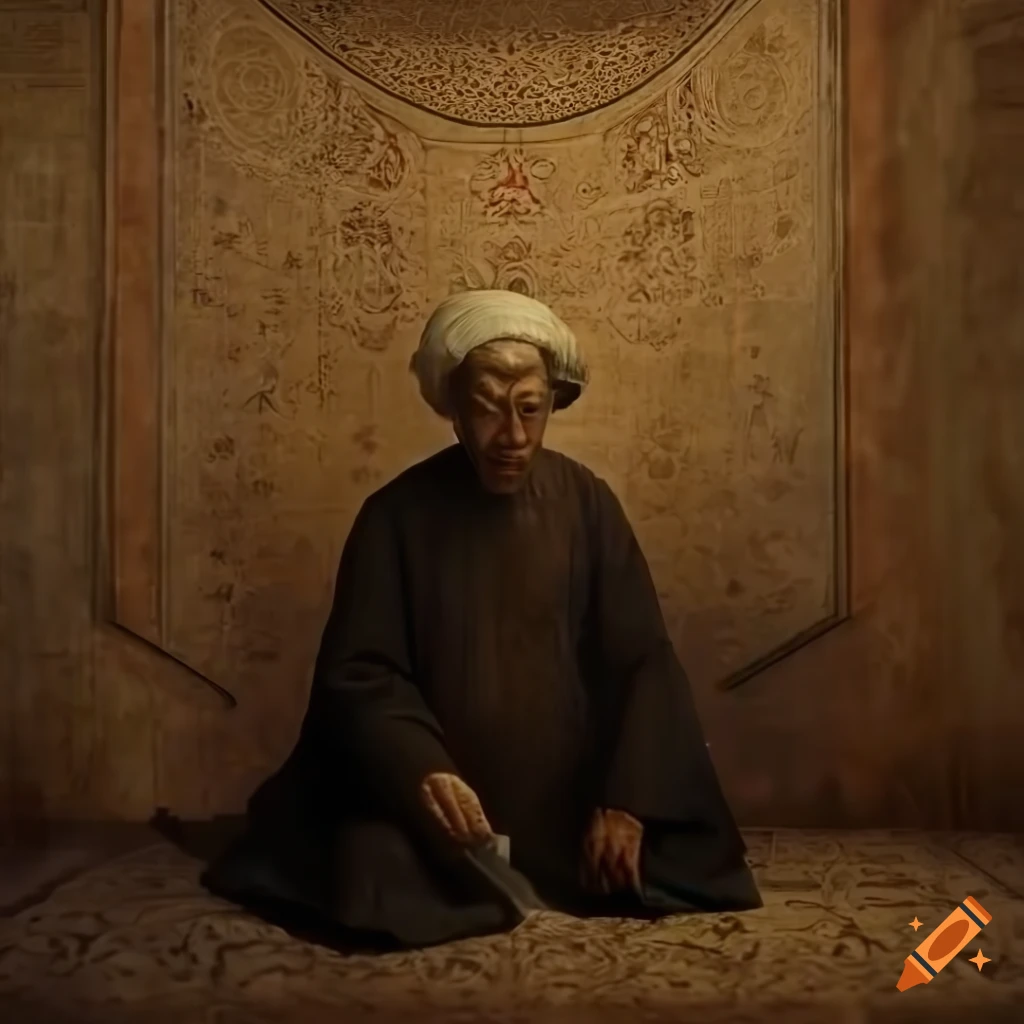 Hyperrealistic depiction of a small shack with arabic calligraphy on ...