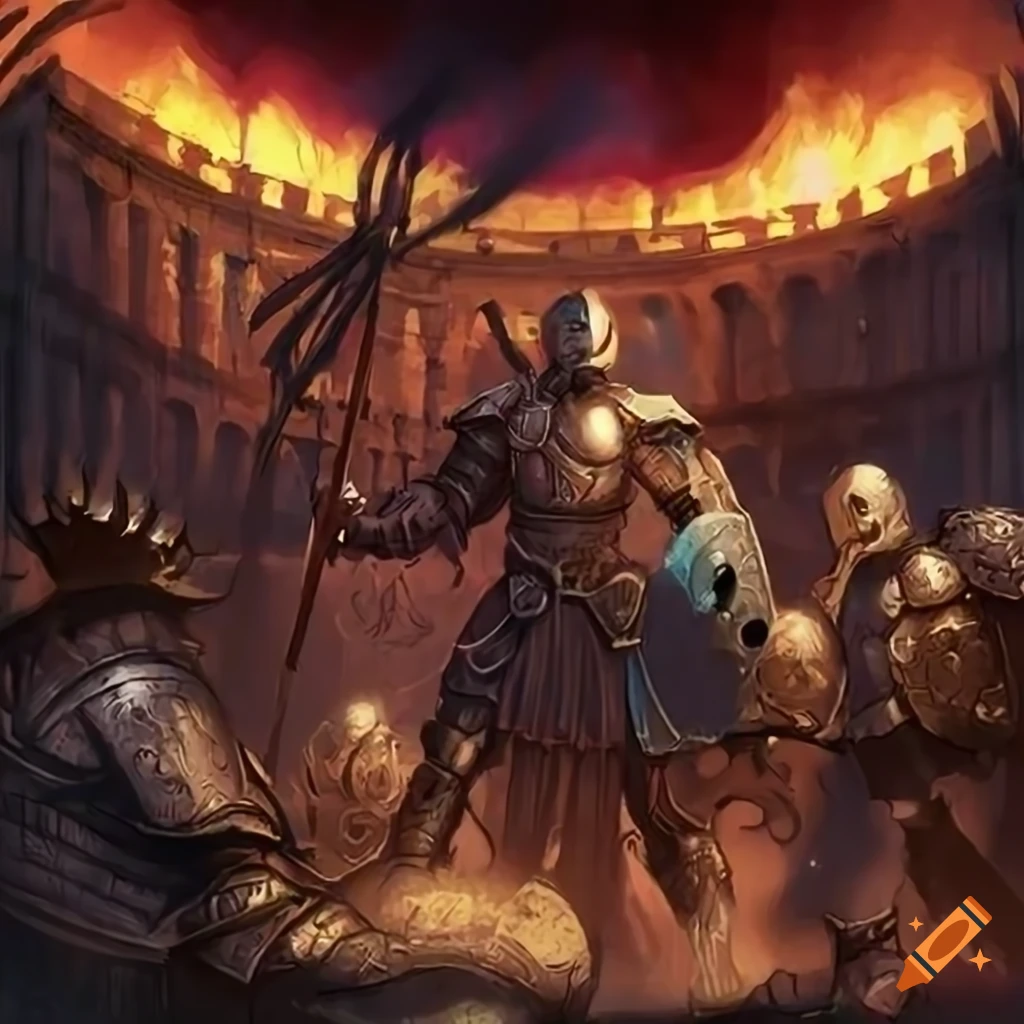 Mechanical warrior battling in a coliseum in a fantasy art style on Craiyon