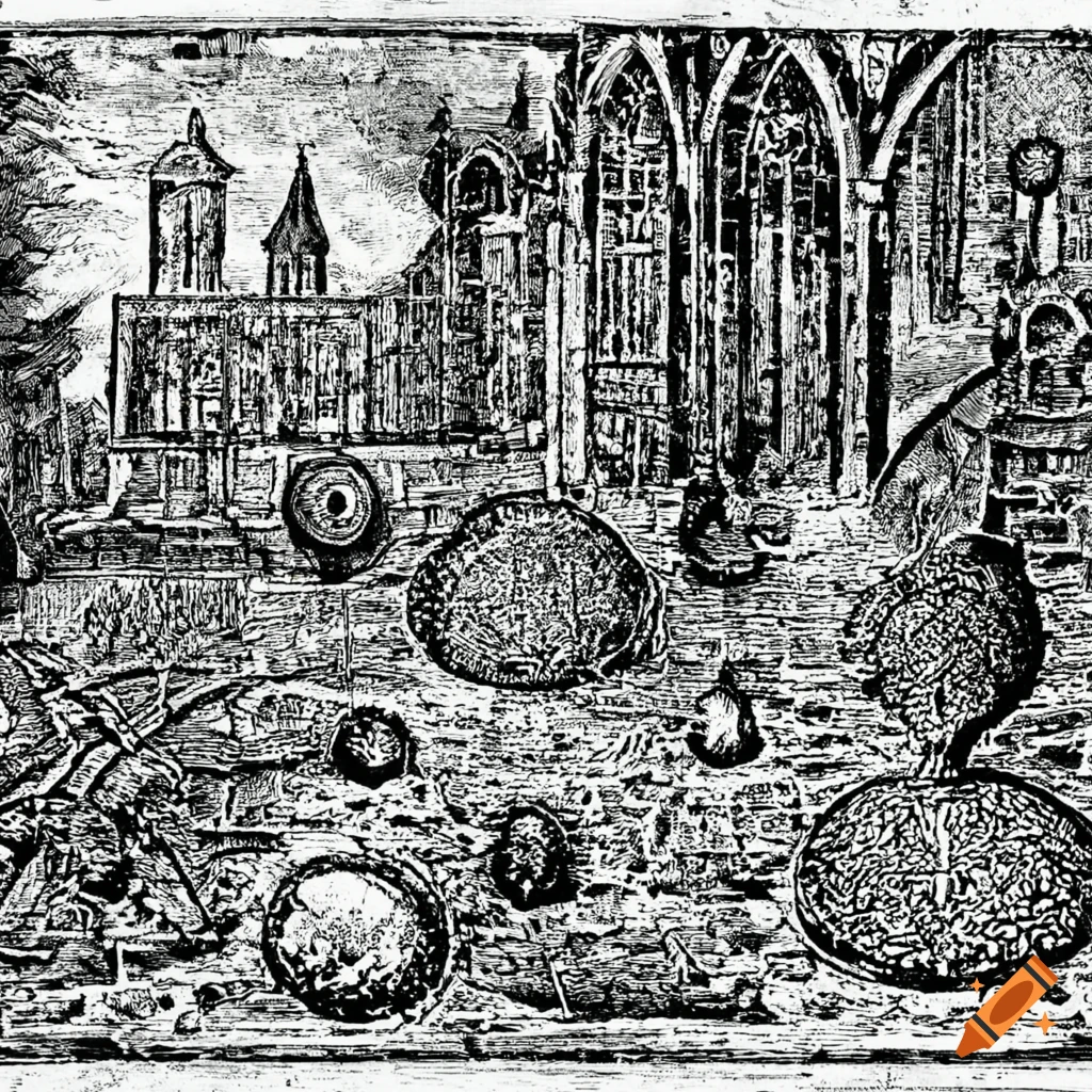 Distorted schematic of a medieval apocryphal garden on Craiyon