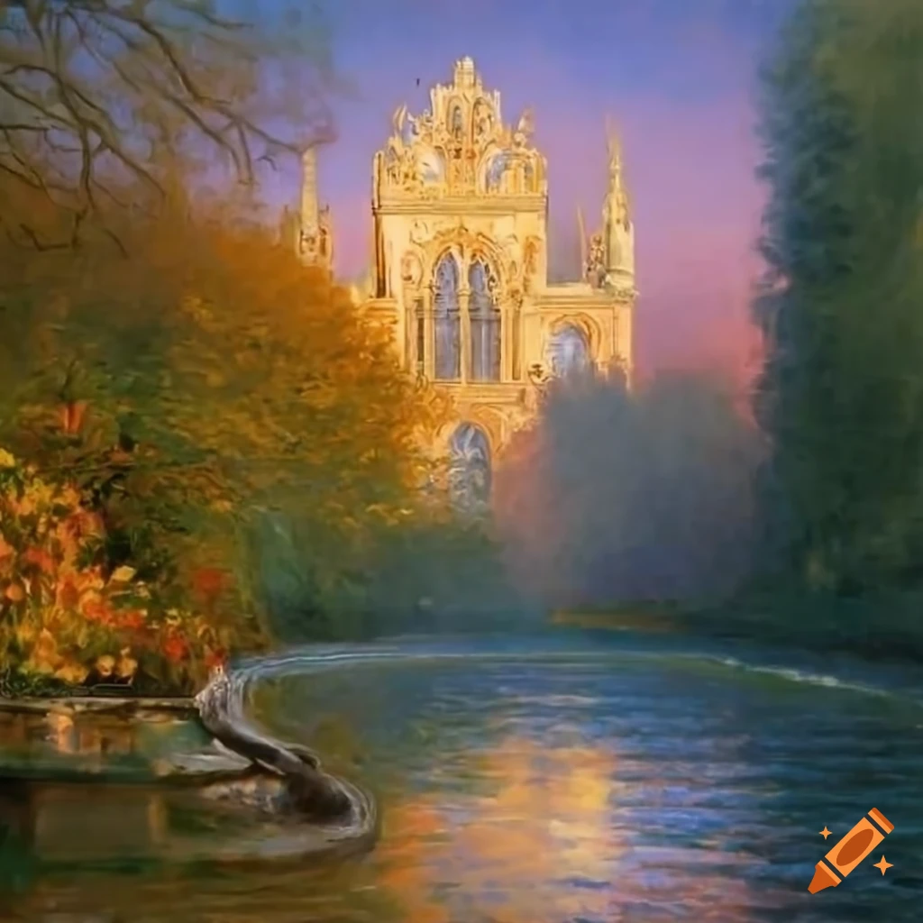 Painting of a renaissance rococo garden with curved stairs and a gold ...