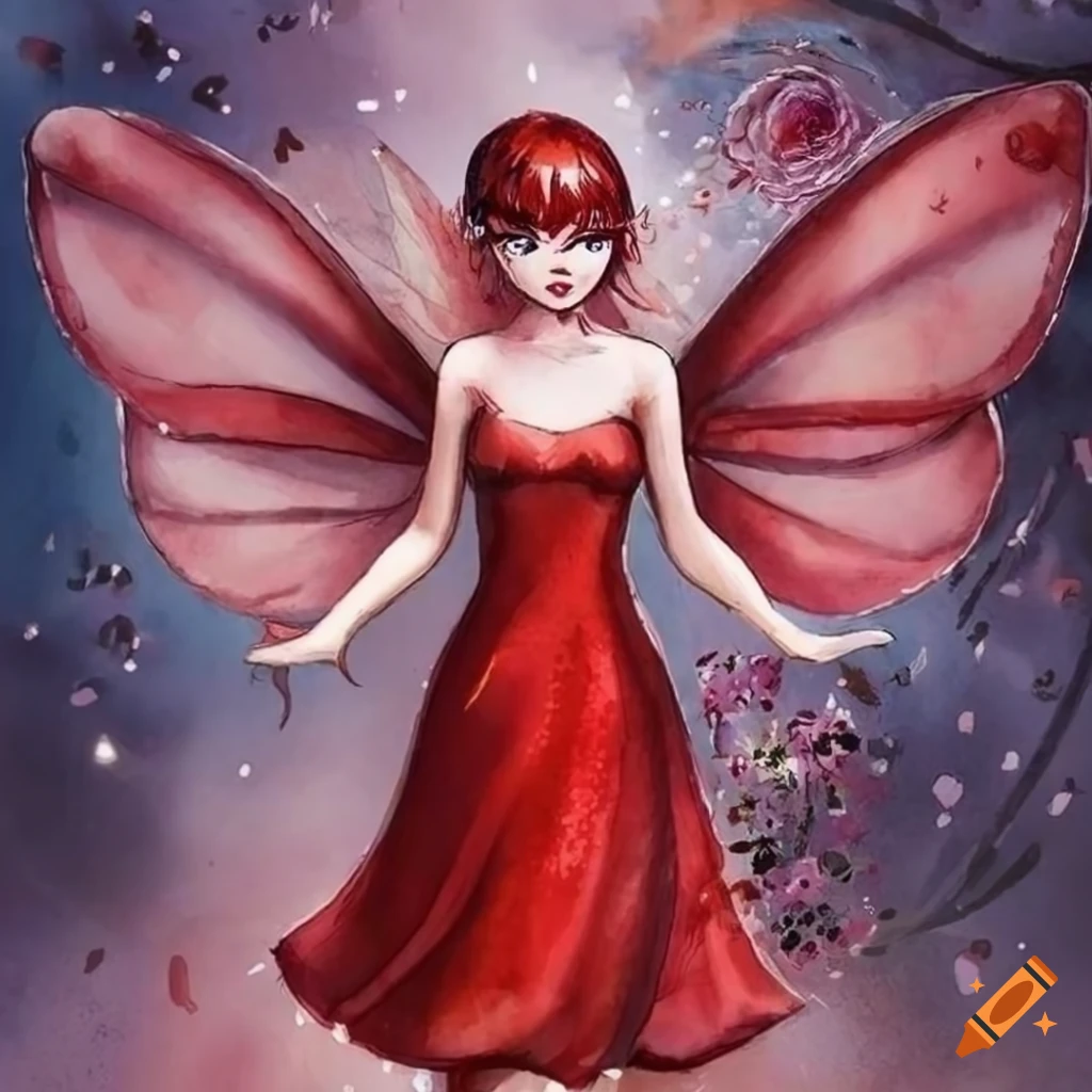 Watercolor artwork of a pouting pixie fairy in a golden dress on Craiyon