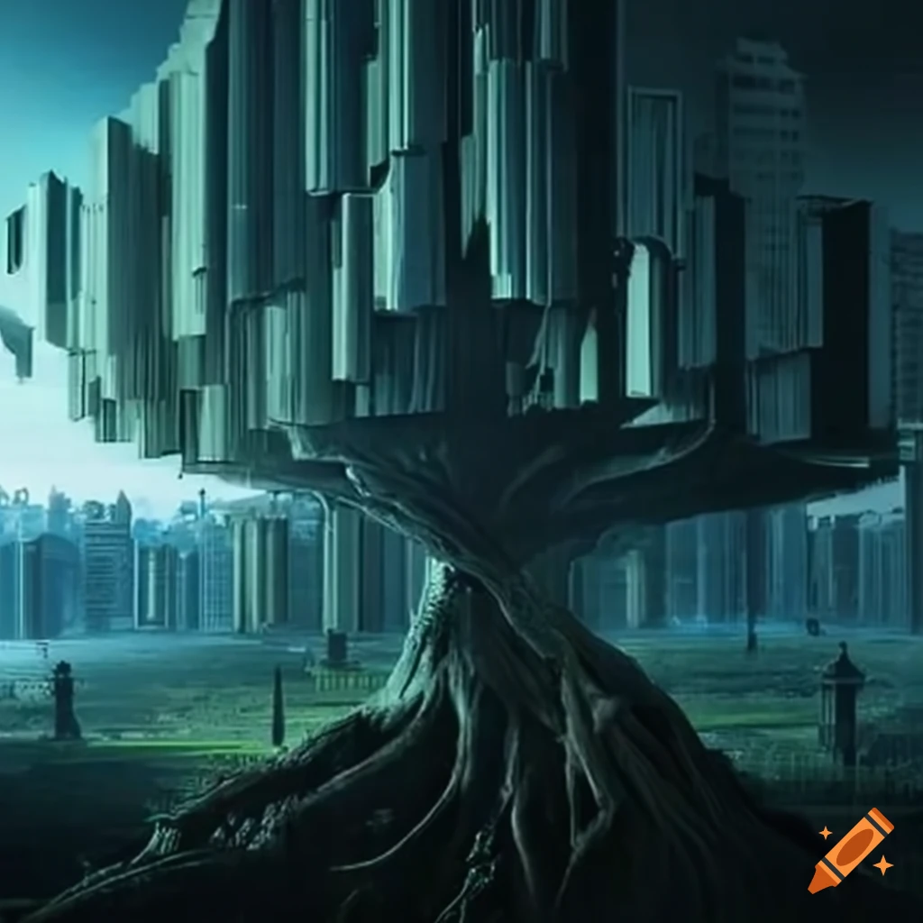 Image of a futuristic city covered by a giant tree