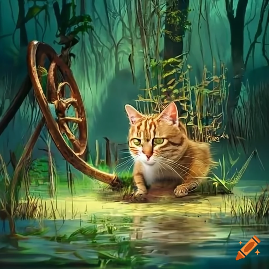 Cat in a swamp with a steering wheel on Craiyon