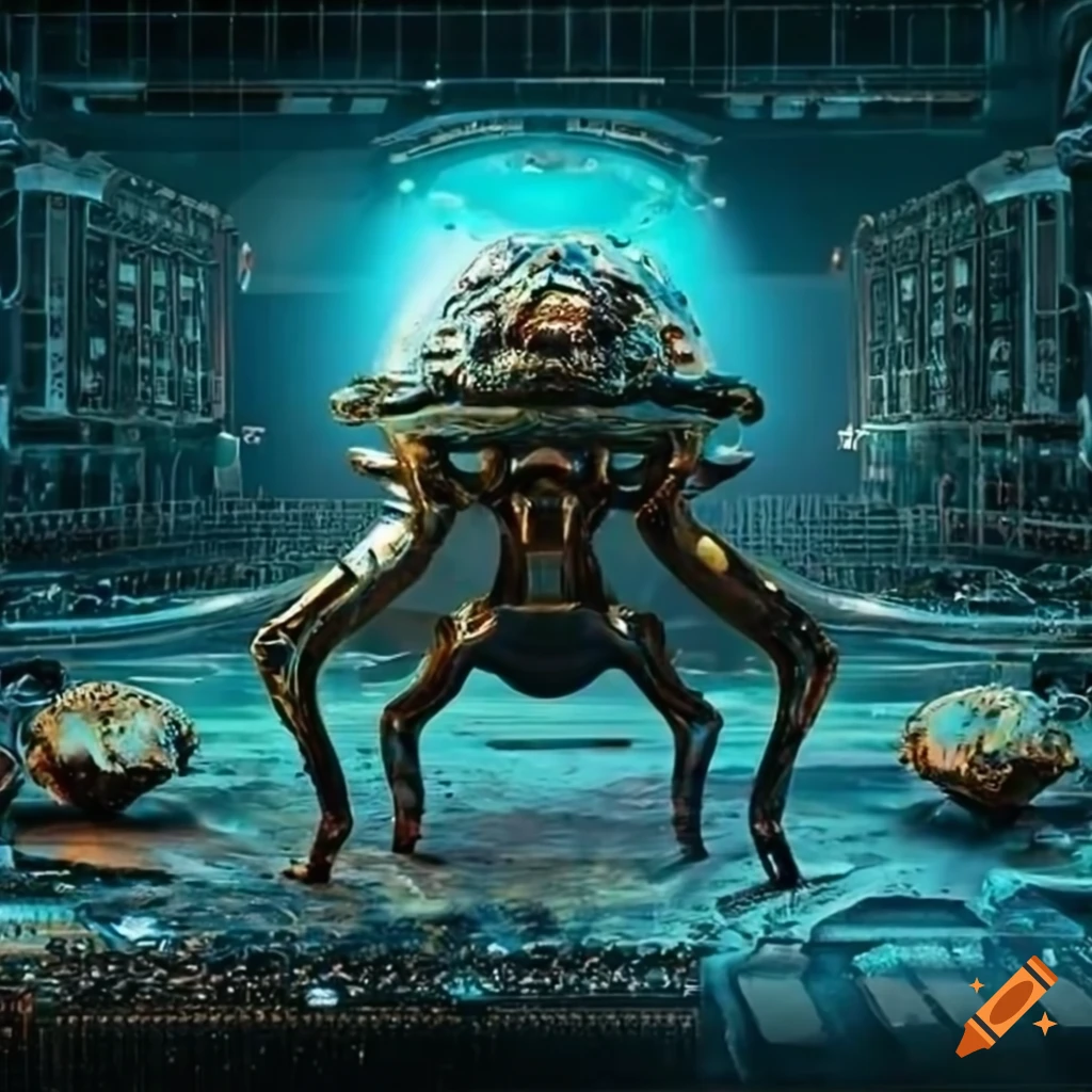 Surreal image of an alien machine in front of computer boards on Craiyon