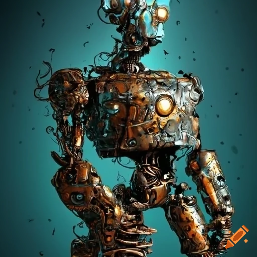 Rusty robot covered in moss on Craiyon