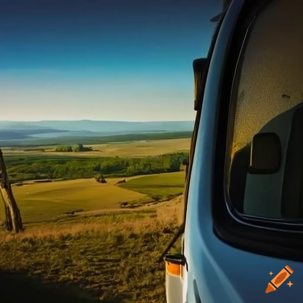 Camper van driving through a scenic french landscape on Craiyon